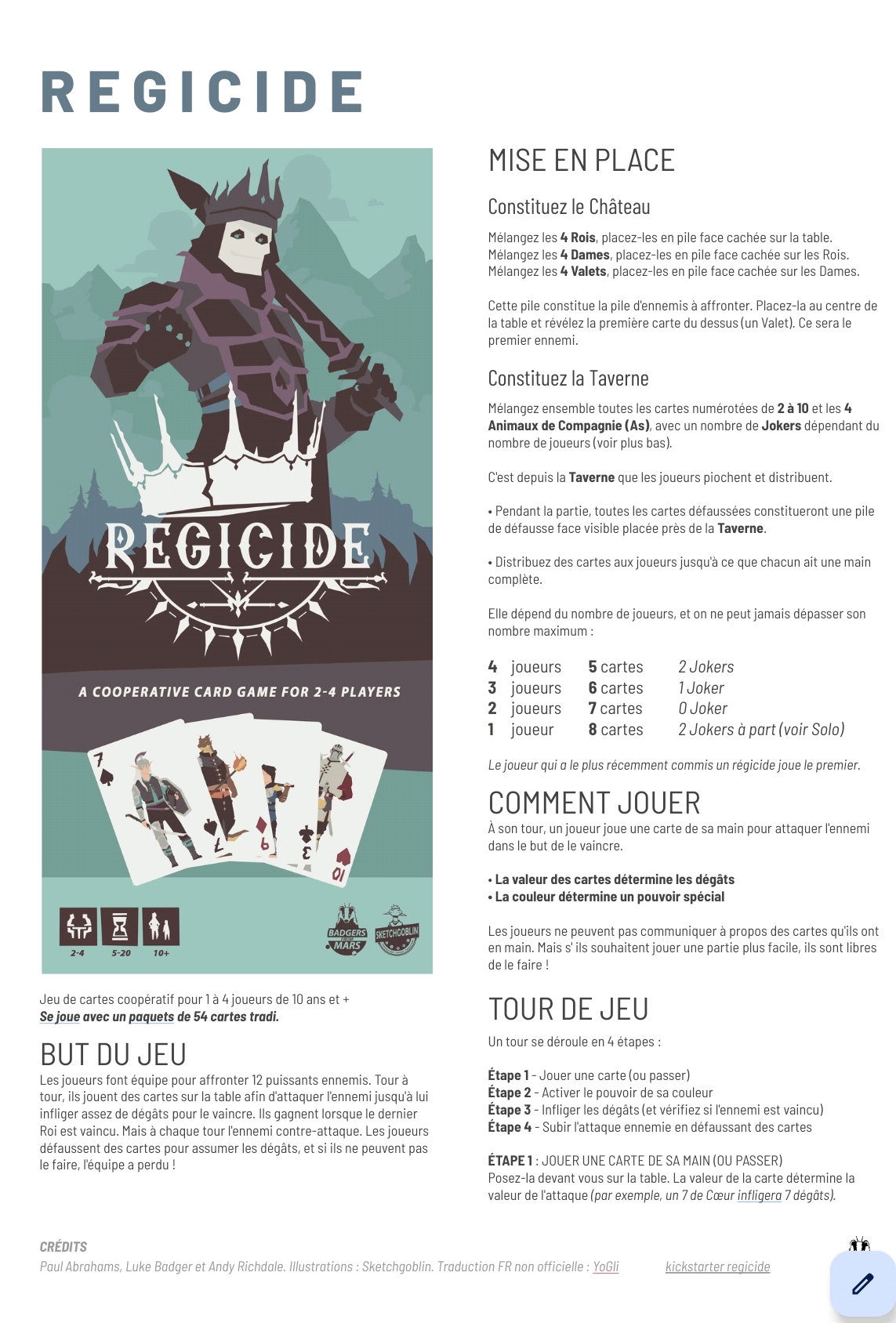 Redesign des règles en français de REGICIDE (Badgers From Mars) - BZX GAMES